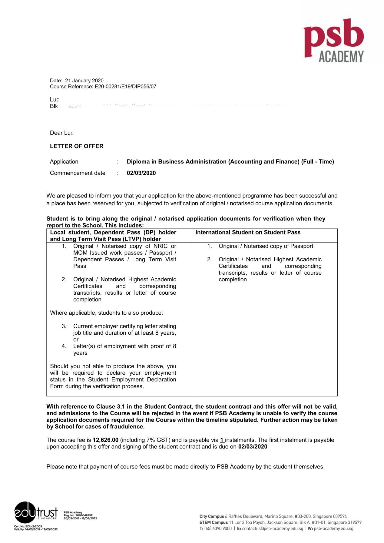恭喜顾同学成功申请新加坡PSB学院纽卡斯尔大学 MBA工商管理硕士